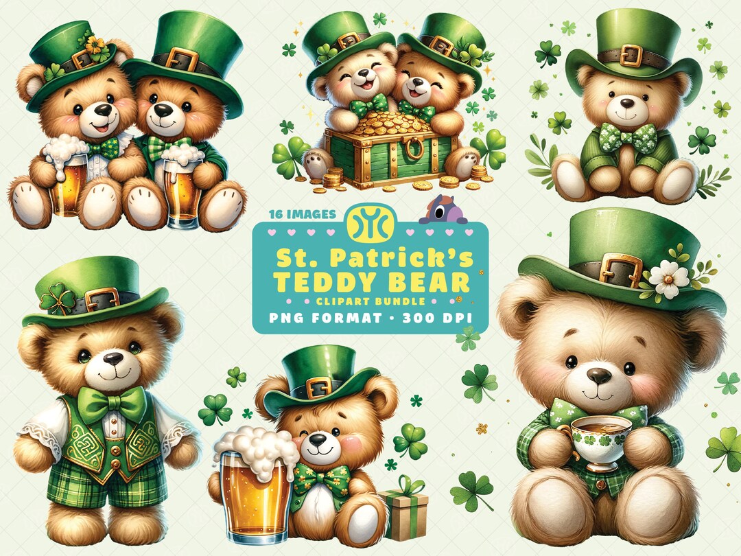 Watercolor St. Patrick’s Day Teddy Bear Clipart, Teddy Bear PNG, St ...