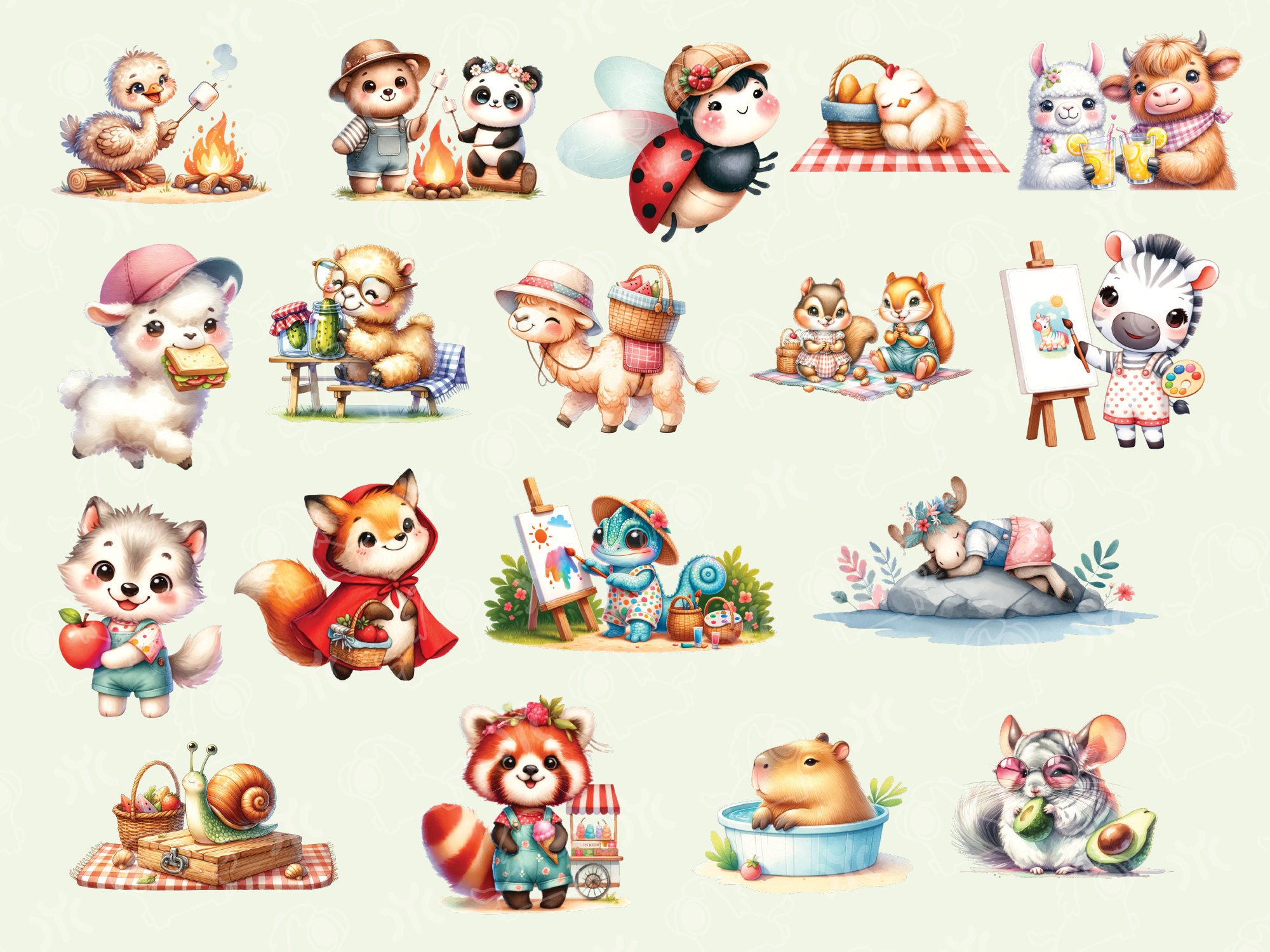 Adorable Summer Picnic Animals Clipart, 116 PNG Files, Digital Download ...