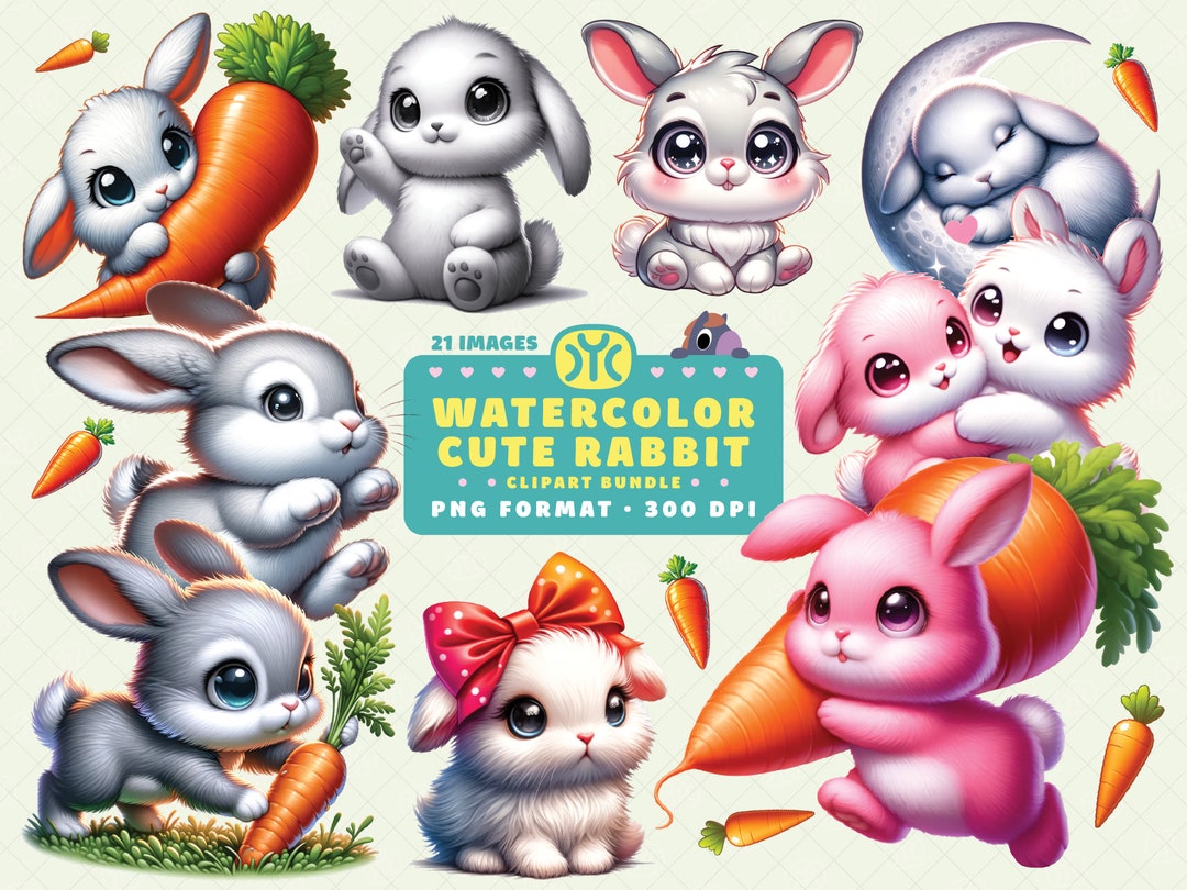 Watercolor Cute Rabbit Clipart, Cute Rabbit PNG, Rabbit Clipart Bundle ...