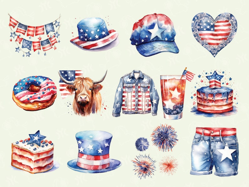 Watercolor 4th of July Clipart, 78 PNG Files, High-resolution ...