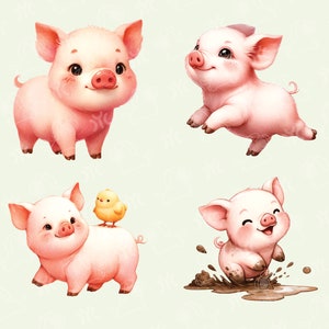Watercolor Cute Pig Clipart, Cute Pig PNG, Pig Clipart Bundle, Farm ...