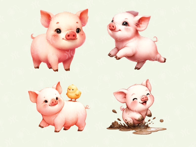 Watercolor Cute Pig Clipart, Cute Pig PNG, Pig Clipart Bundle, Farm ...