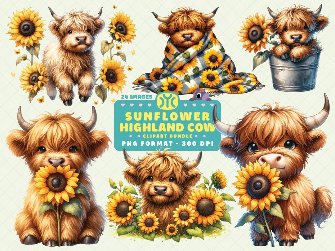 Watercolor Sunflower Highland Cow Clipart, Sunflower Cow PNG, Spring ...