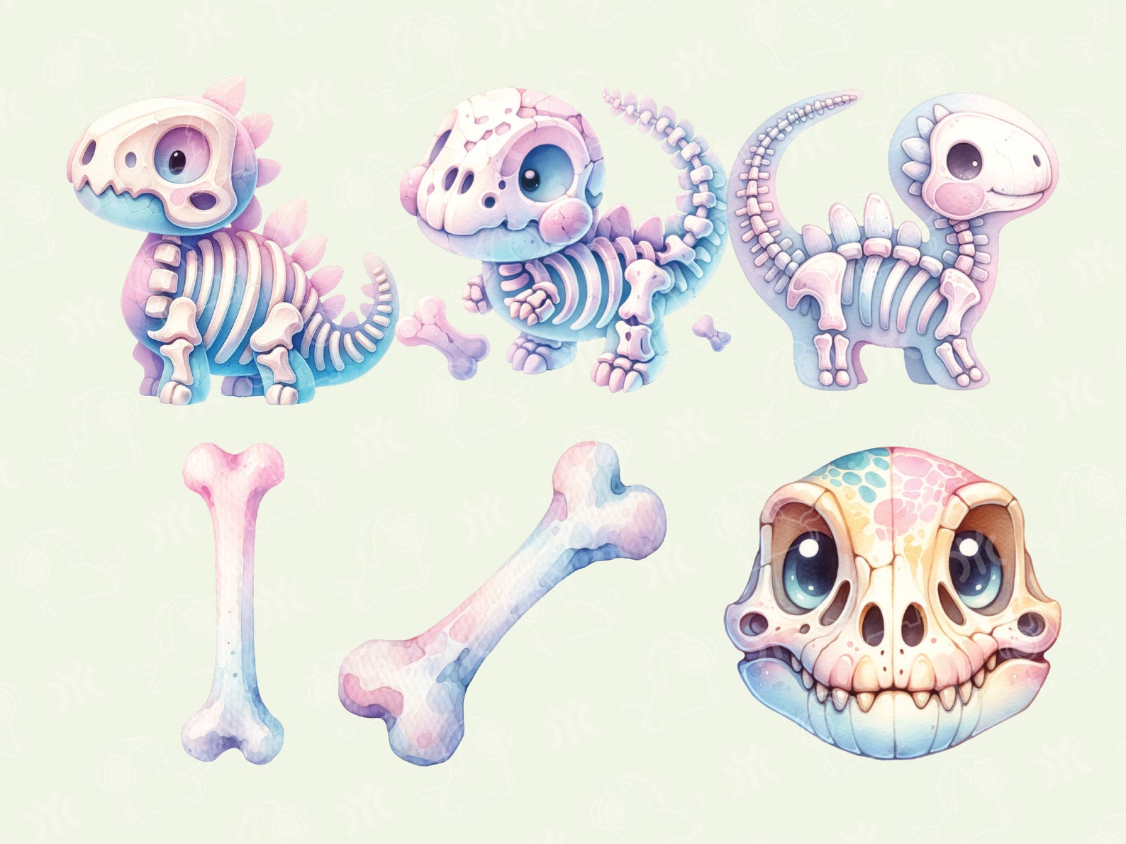 Cute Dinosaurs Skeleton Clipart, Dino Girls Clipart, Watercolor Clipart ...