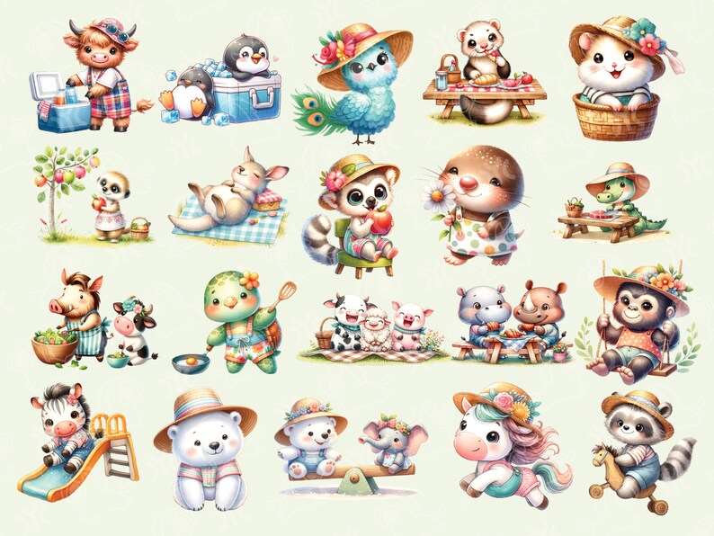 Adorable Summer Picnic Animals Clipart, 116 PNG Files, Digital Download ...