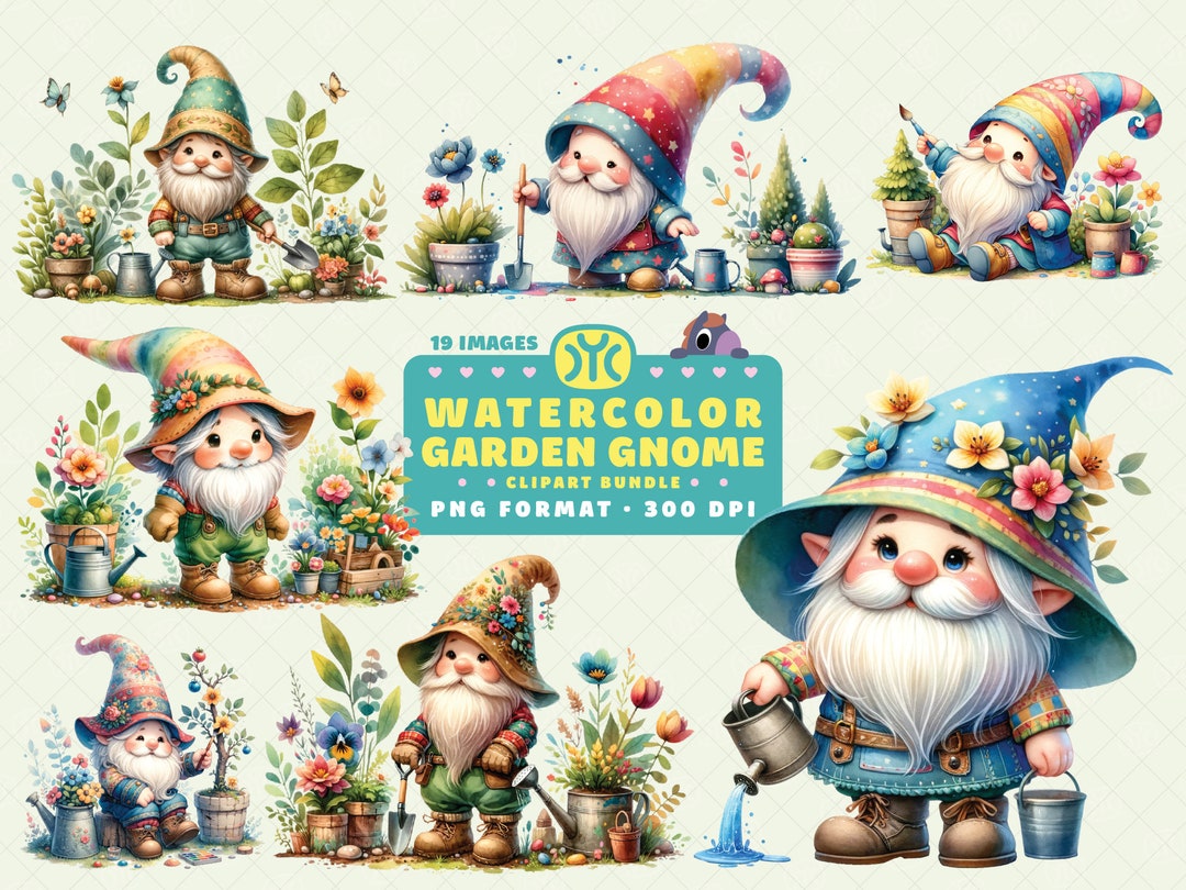 Watercolor Garden Gnomes Clipart, Spring Garden Clipart, Floral Gnome ...