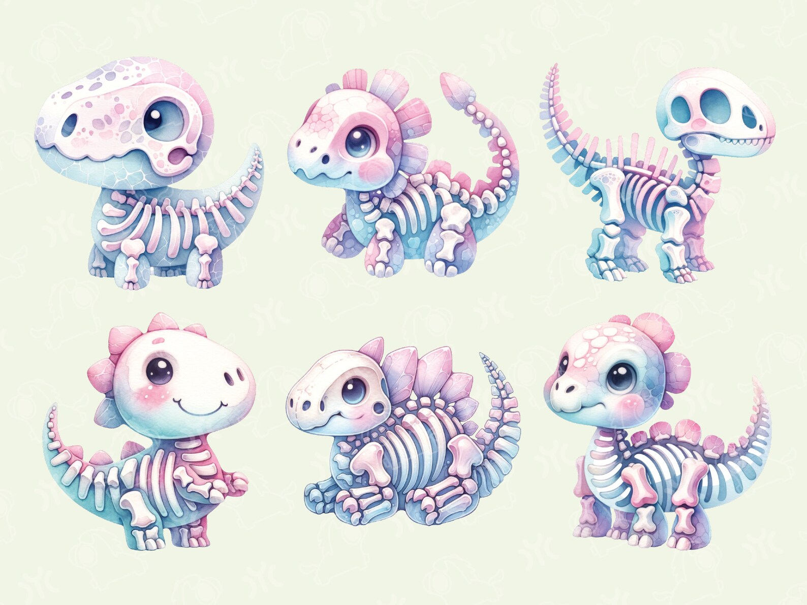 Cute Dinosaurs Skeleton Clipart, Dino Girls Clipart, Watercolor Clipart ...