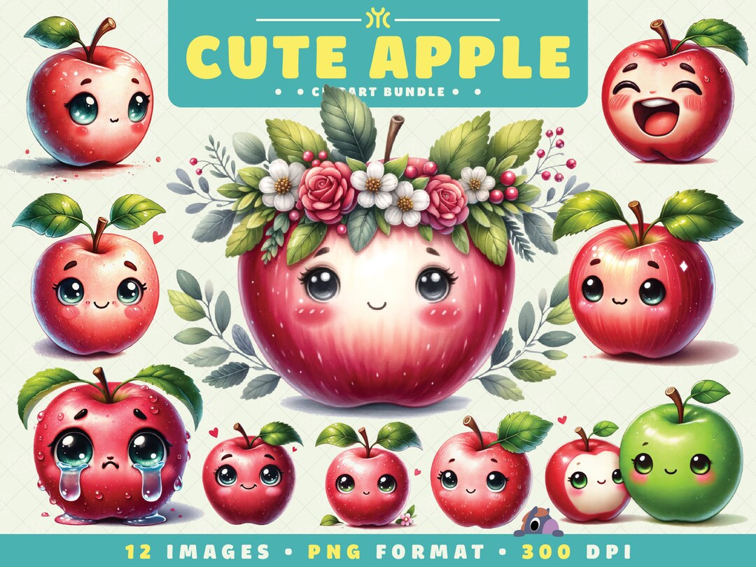 Cute Apple Clipart, 12 PNG Files, High-resolution, Teacher Clipart ...