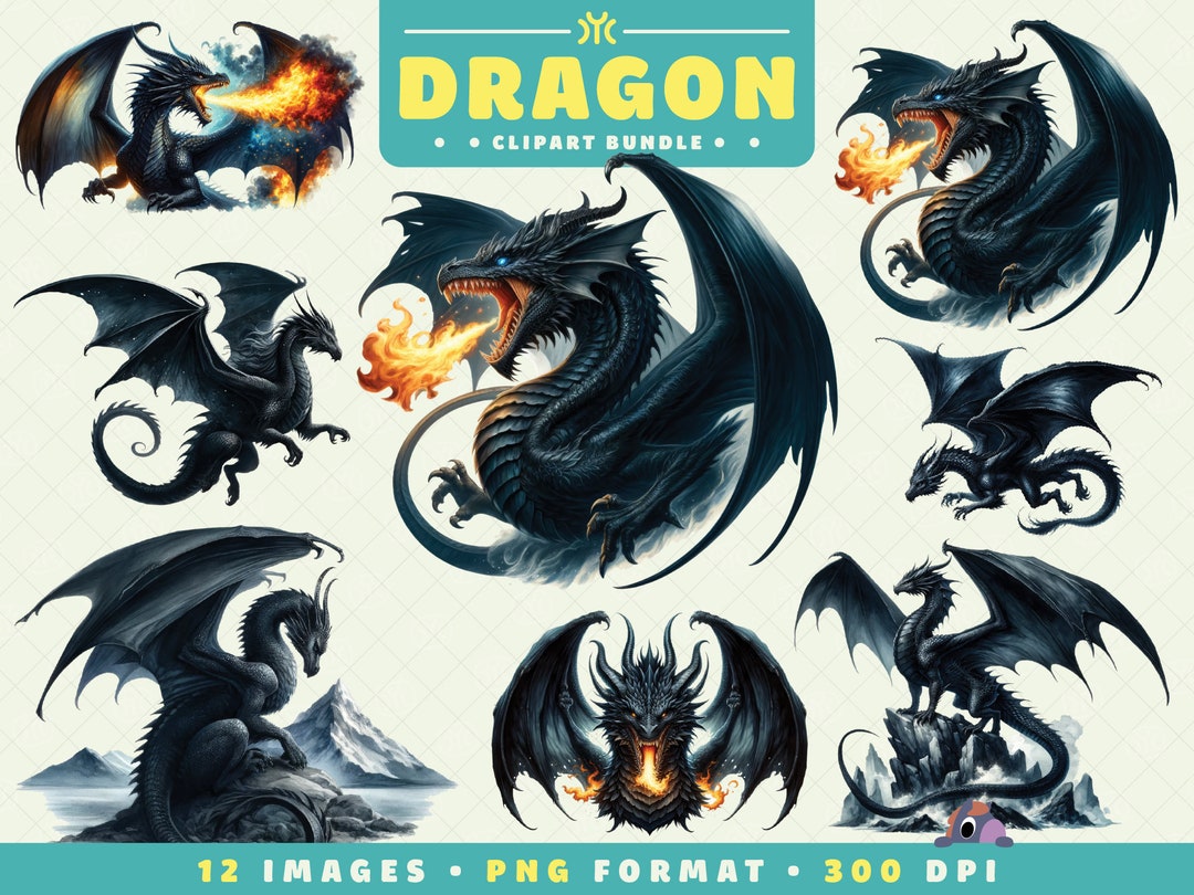 Dragon Clipart, 12 High Quality Pngs, Watercolor Clipart Bundle, Fiery ...