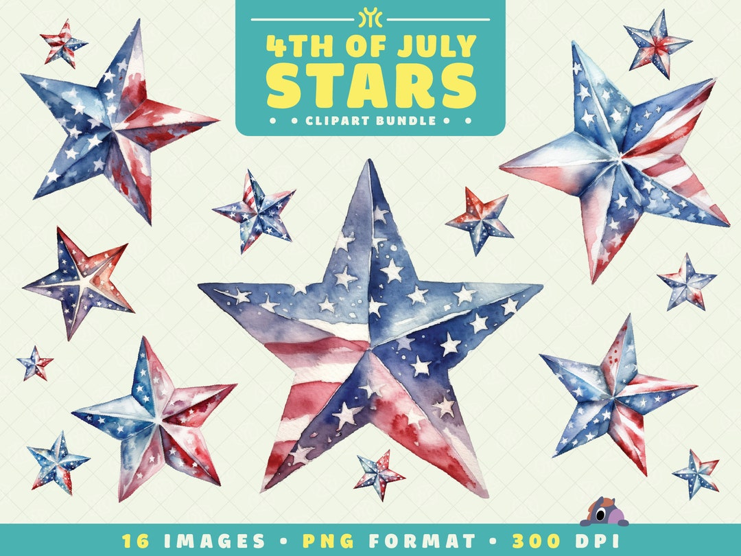 Watercolor 4th of July Star Clipart, 16 PNG Files, High-resolution ...