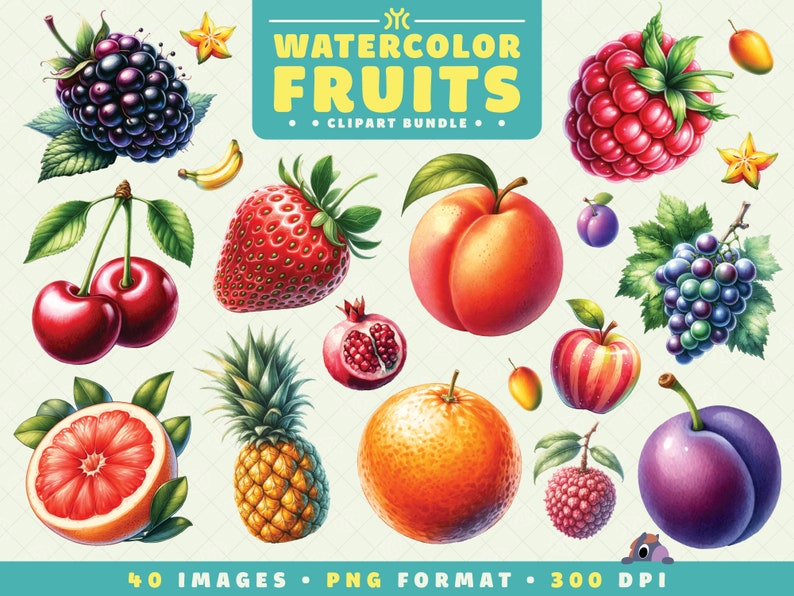 Watercolor Fruits Clipart, 40 High Quality Pngs, Watercolor Clipart ...