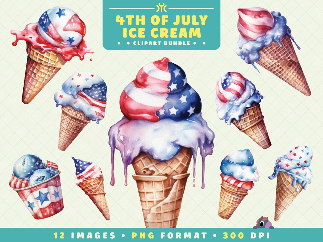 Watercolor 4th of July Ice Cream Clipart, 12 PNG Files, High-resolution ...