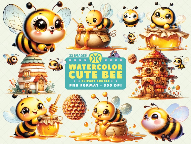 Watercolor Cute Bee Clipart, Cute Bees Png, Bees Clipart Bundle, Honey ...