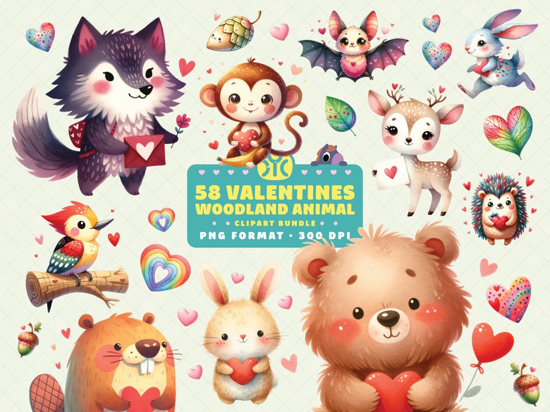 Watercolor Valentines Woodland Animal Clipart, Woodland Animal PNG ...