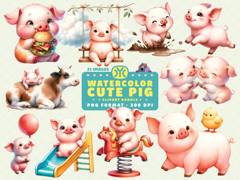 Watercolor Cute Pig Clipart, Cute Pig PNG, Pig Clipart Bundle, Farm ...