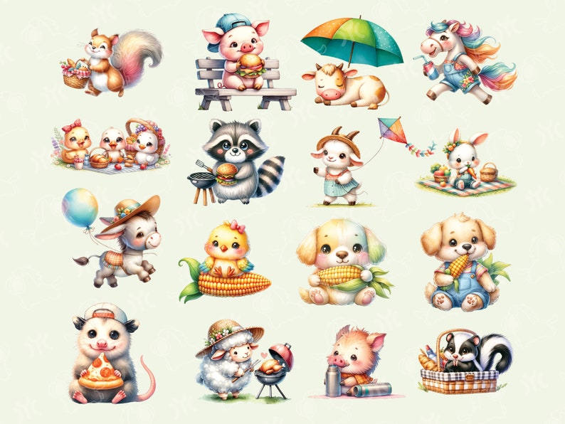 Adorable Summer Picnic Animals Clipart, 116 PNG Files, Digital Download ...
