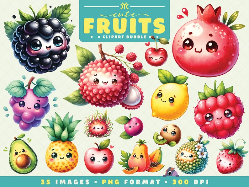 Cute Fruits Clipart, 35 High Quality Pngs, Watercolor Clipart Bundle ...