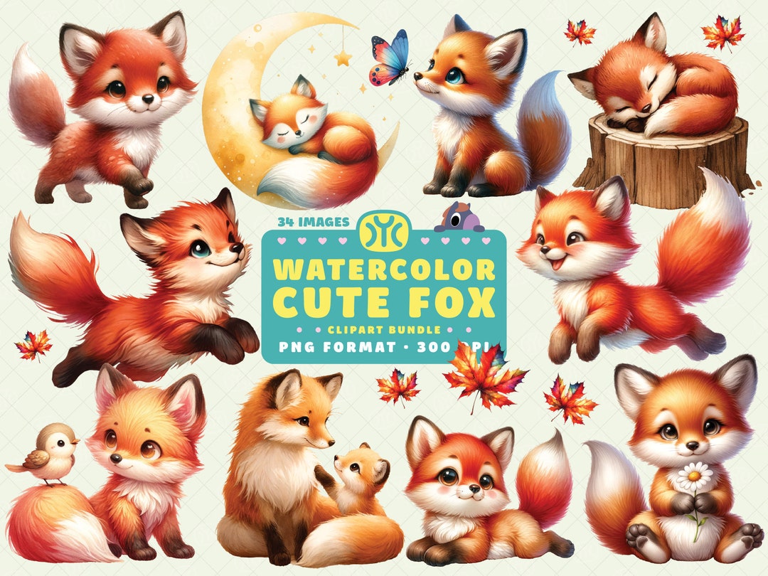 Watercolor Cute Fox Clipart, Cute Fox Png, Fox Clipart Bundle, Woodland ...
