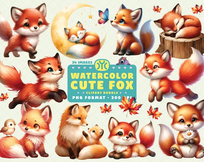 32 Baby Foxes Watercolor Clipart, Cute Fox Clipart, PNG Individual ...