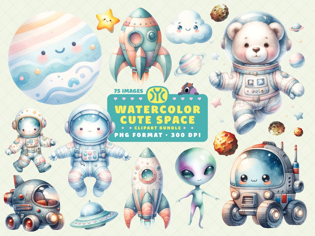 Watercolor Cute Space Clipart, Astronaut Clipart, Rocket PNG, Space ...
