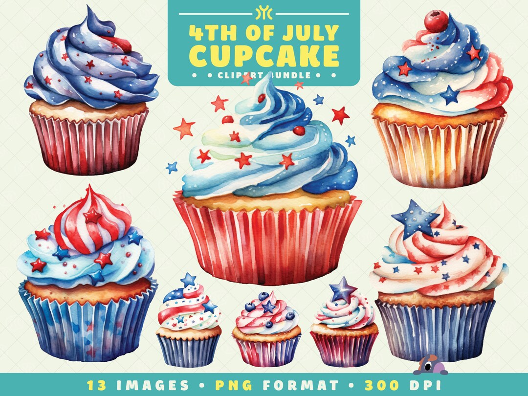 Watercolor 4th of July Cupcake Clipart, 13 PNG Files, High-resolution ...