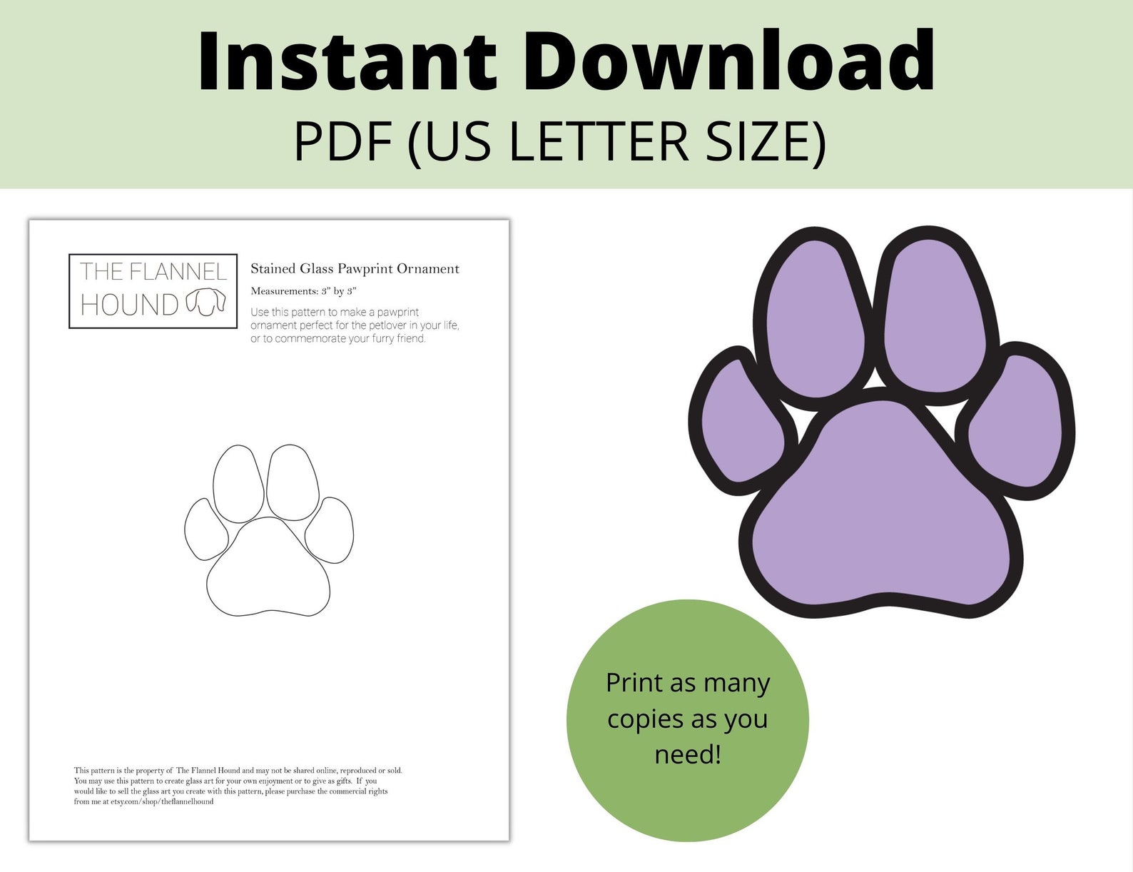 Paw Print Stained Glass Pattern for Instant Download, Paw Print ...