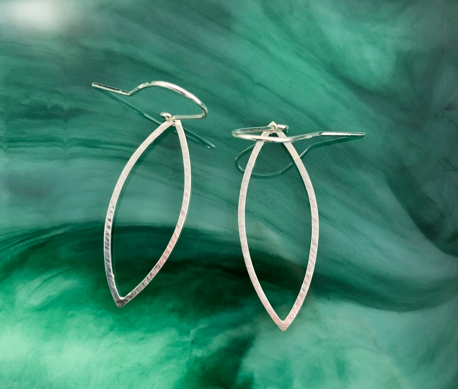 Marquis Shaped Hoops Sterling Silver Hammered Dangles | Etsy