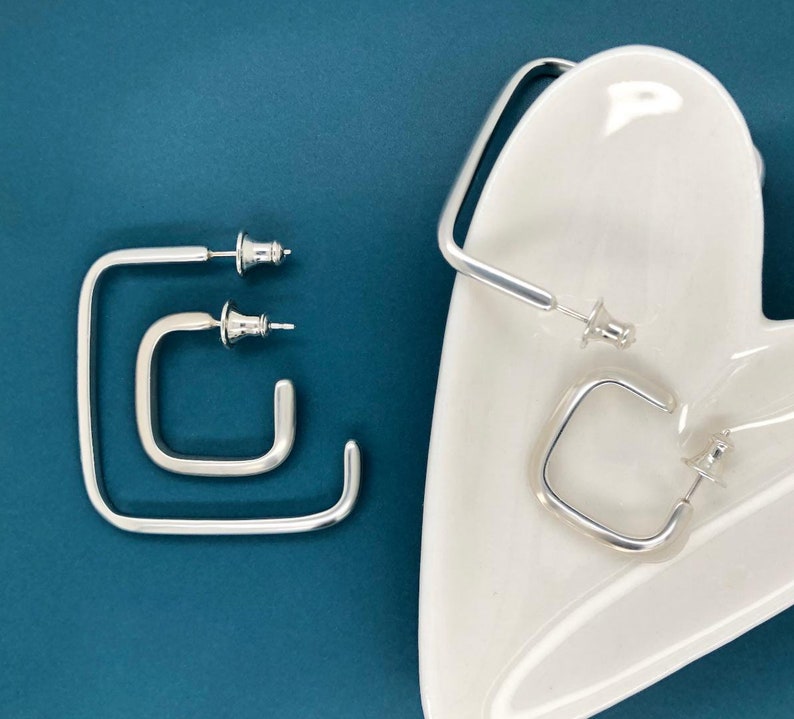 Large Square Hoop Earrings Post Hoops Sterling Silver - Etsy