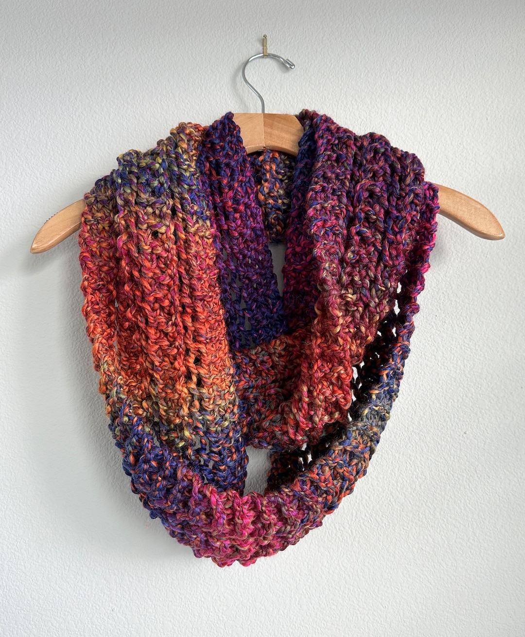 Handmade Hand Knit Rainbow Chunky Infinity Scarf Bright Colorful Super ...