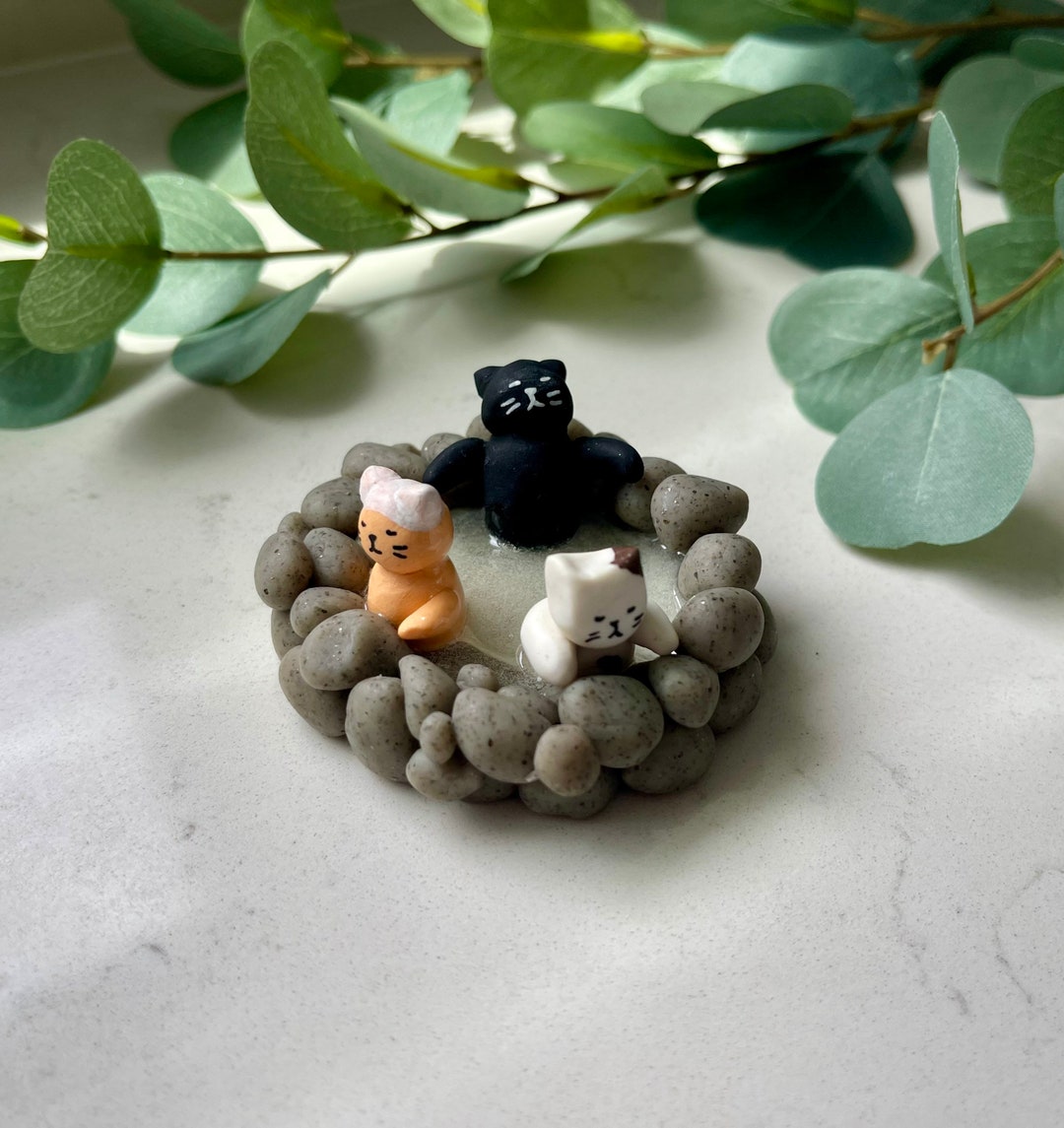 Kawaii Cute Cat Hot Spring Figurine, Adorable Spa Decor, Handmade Cat ...