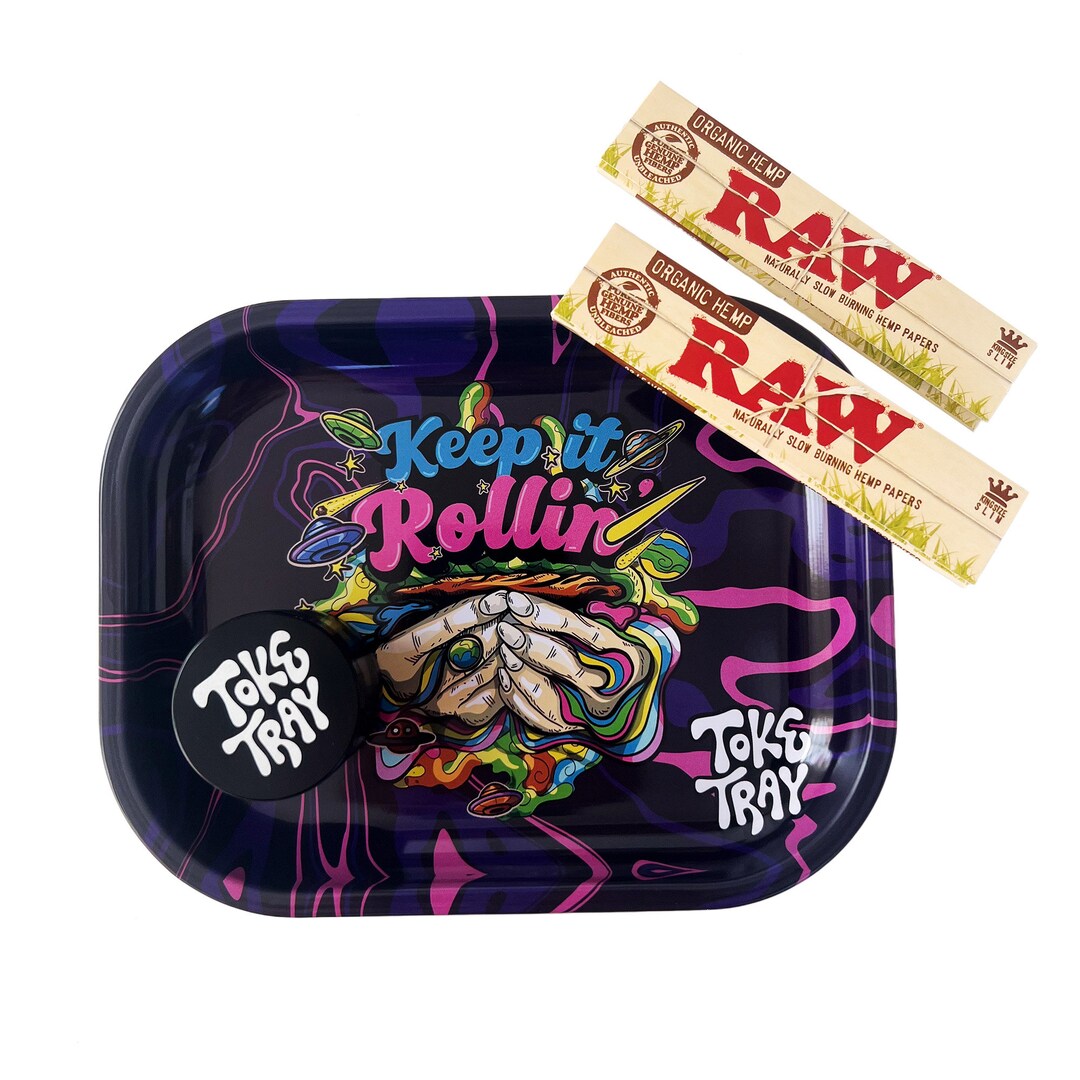 Keep It Rollin' Cute Trippy Rolling Tray Set With Grinder and Raw ...