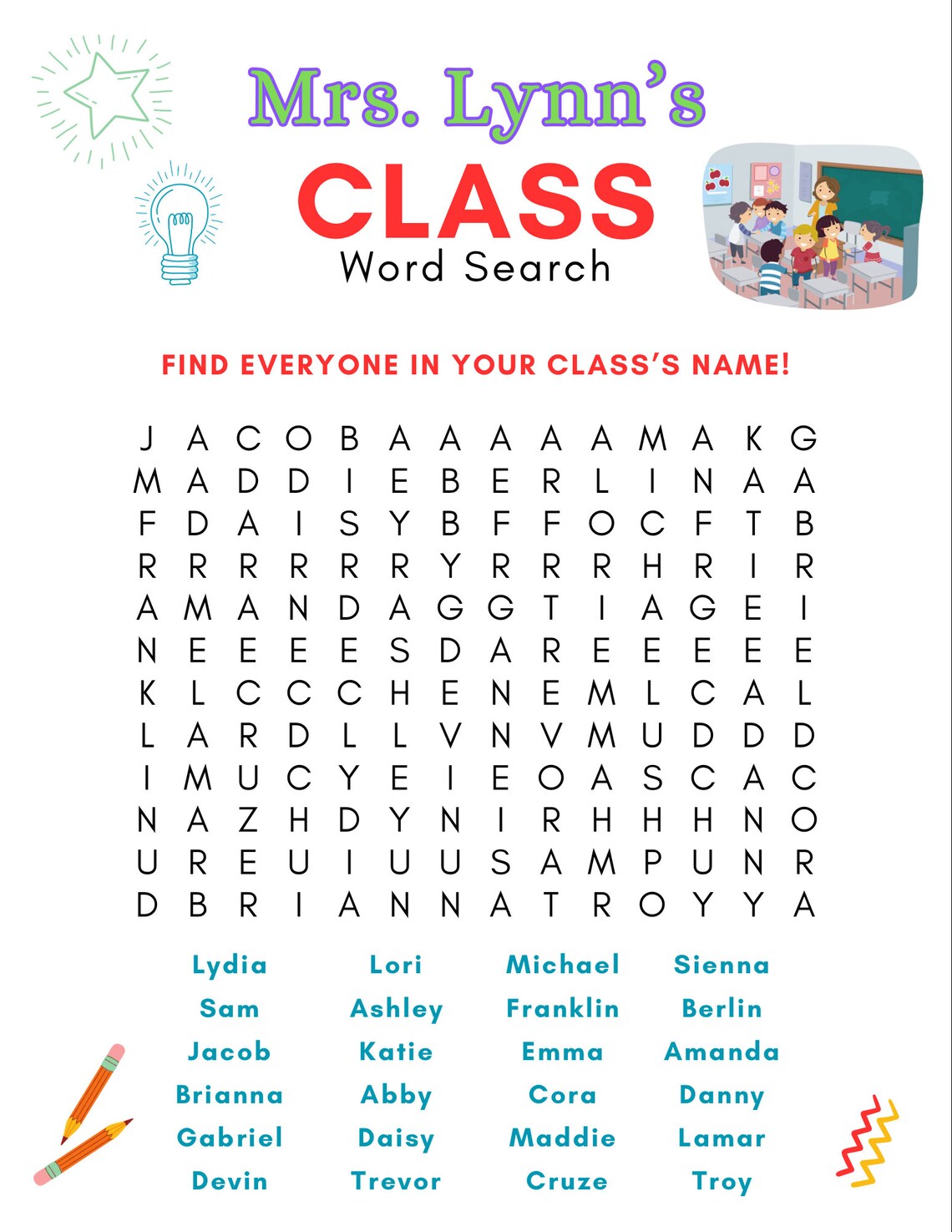 Customizable Class Word Search for Students and Teachers Fun Classroom ...