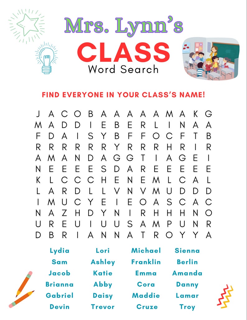 Customizable Class Word Search for Students and Teachers Fun Classroom ...