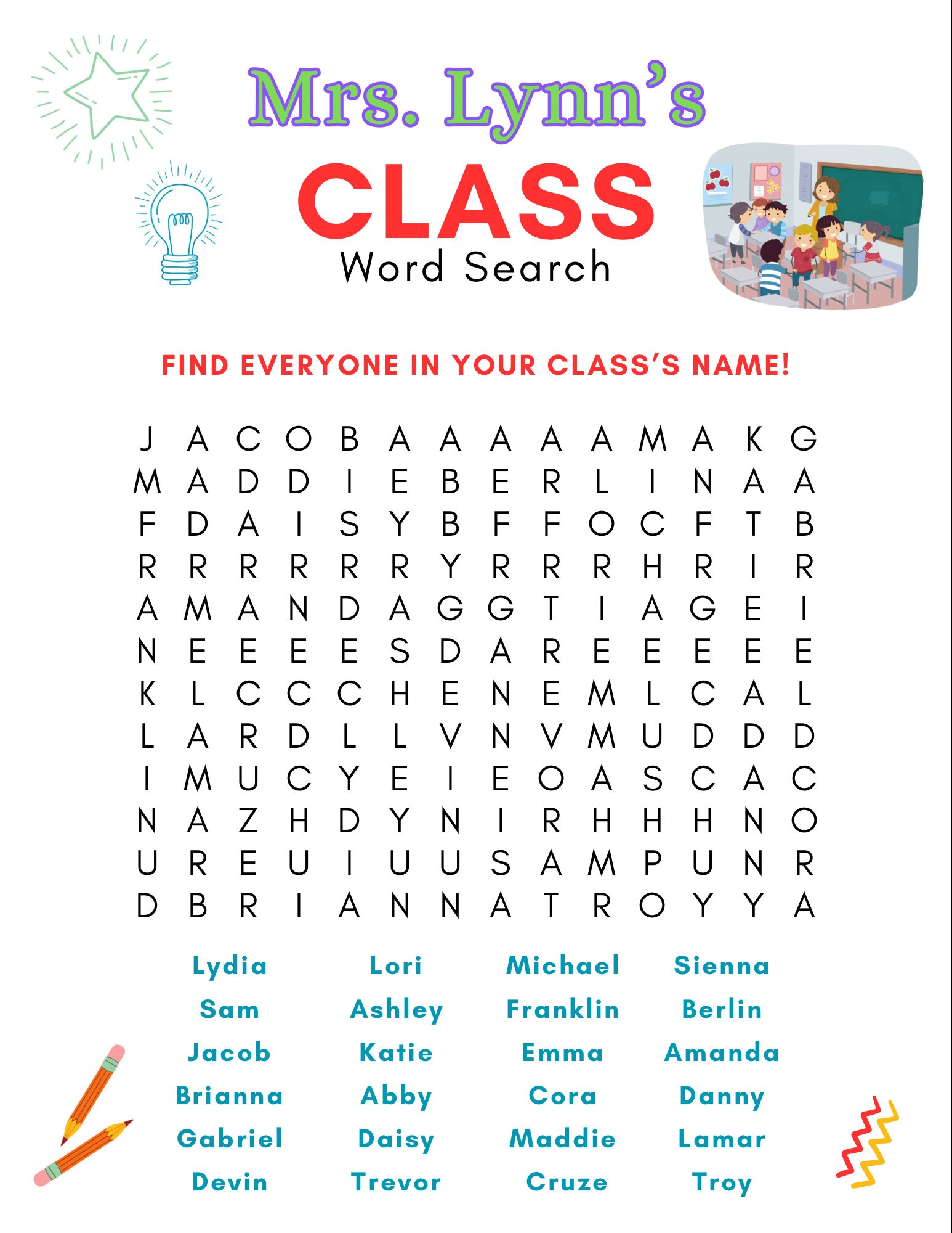 Customizable Class Word Search for Students and Teachers Fun Classroom ...