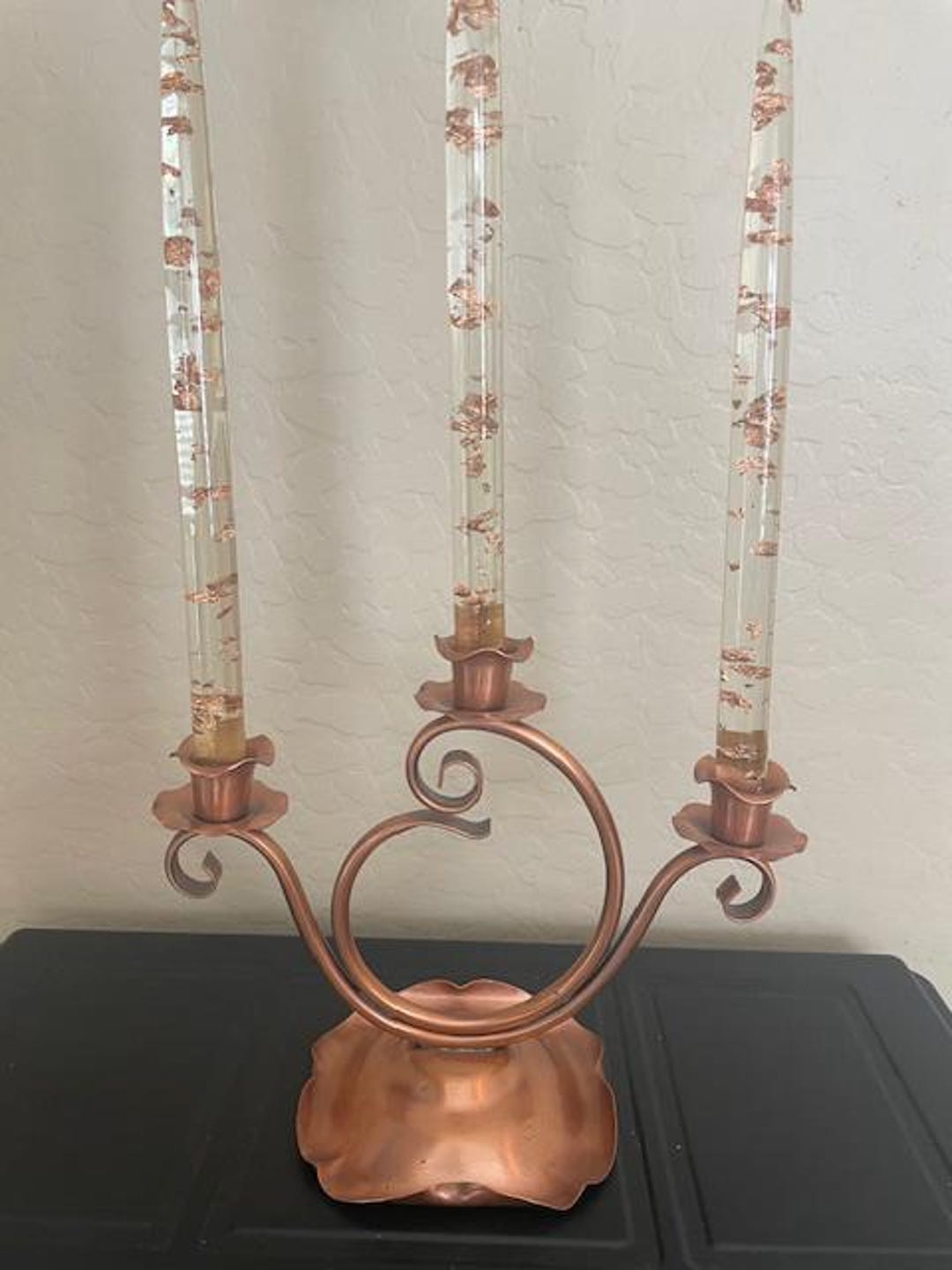 Vintage Solid Copper Candleabra With 3 Lucite and Copper Fleck Candles ...