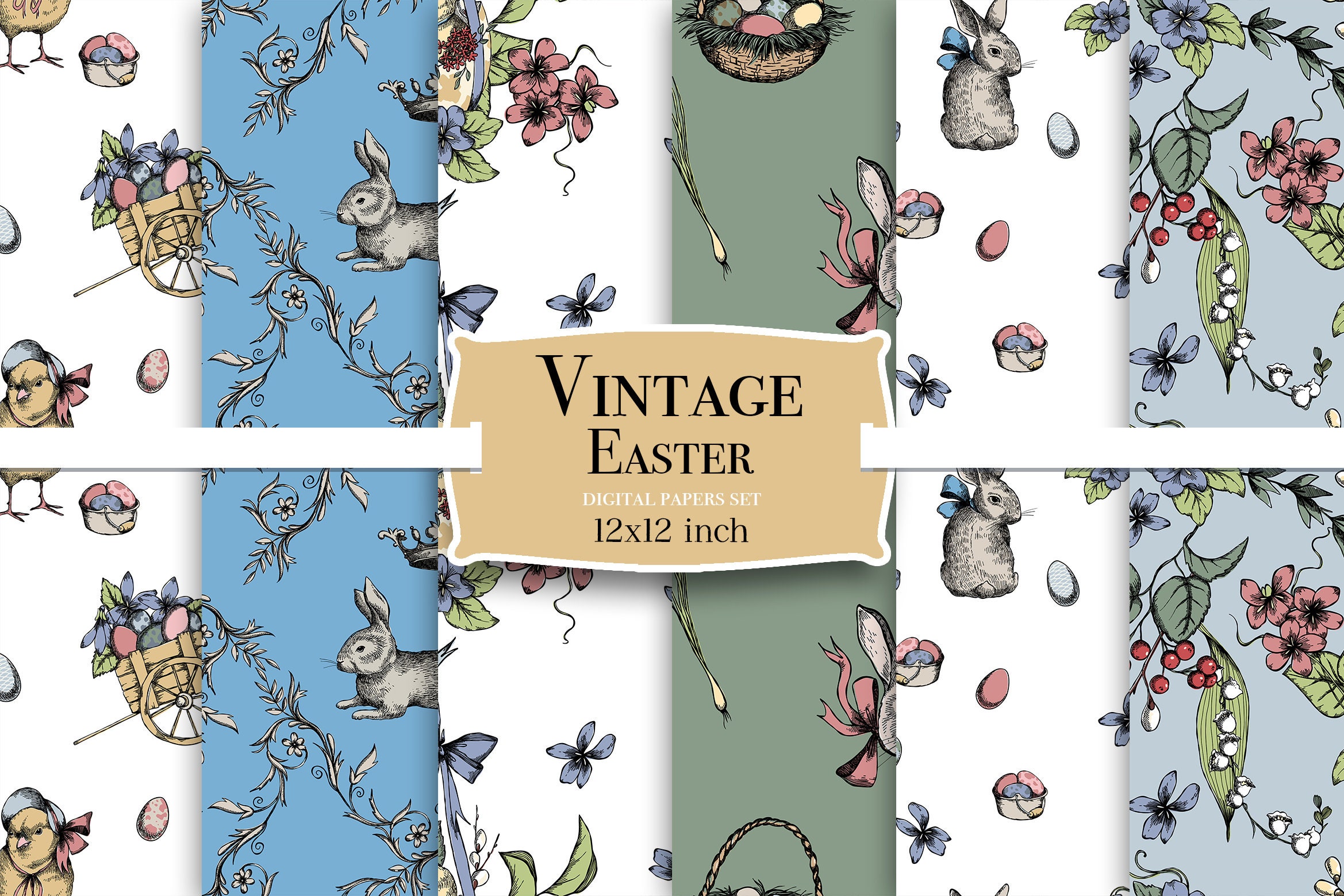 5 Designs Digital Backgrounds Cute Bunnies Seamless Digital Paper ...