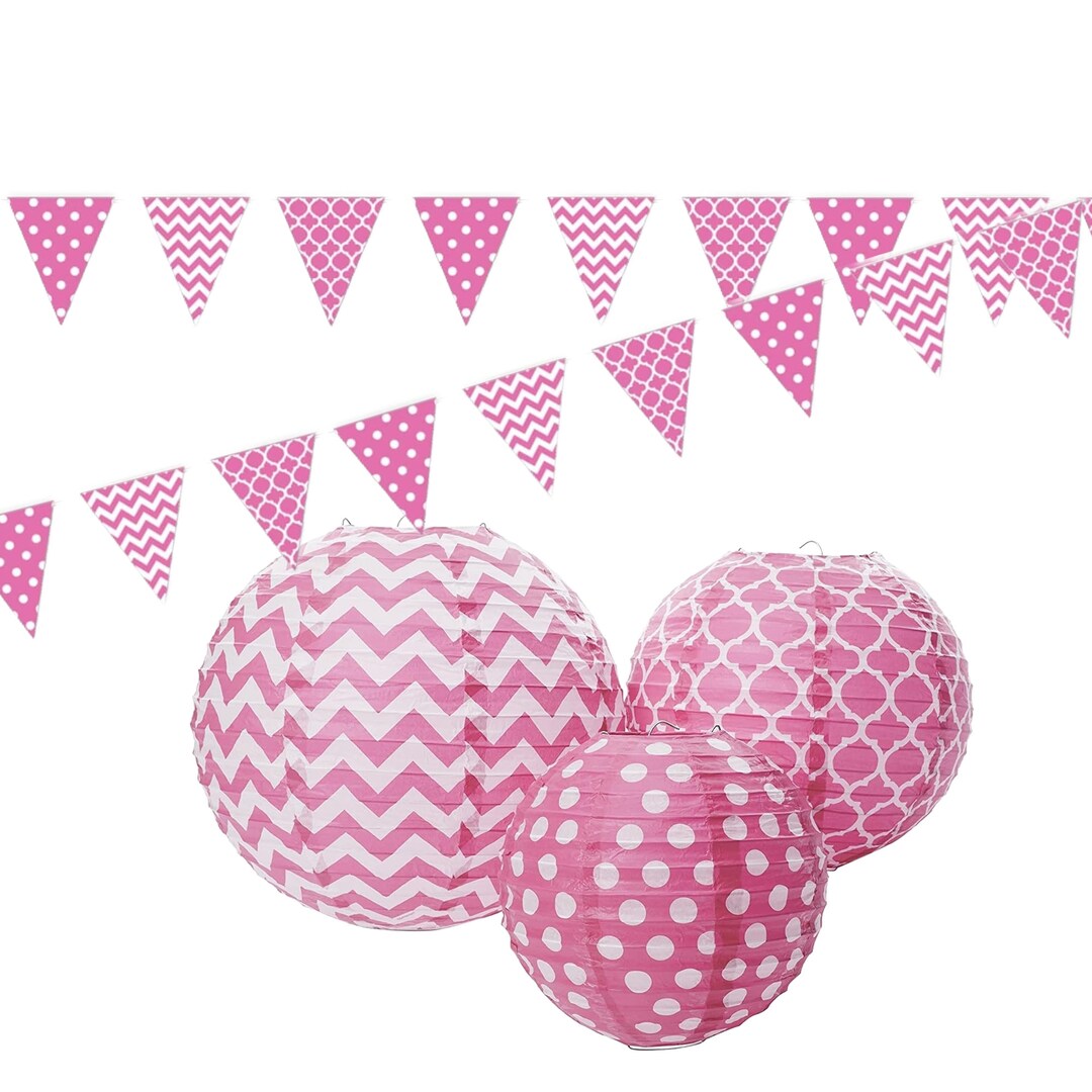 Pink Party Decorations, Pink Paper Lantern, Pink Dots and Chevron ...