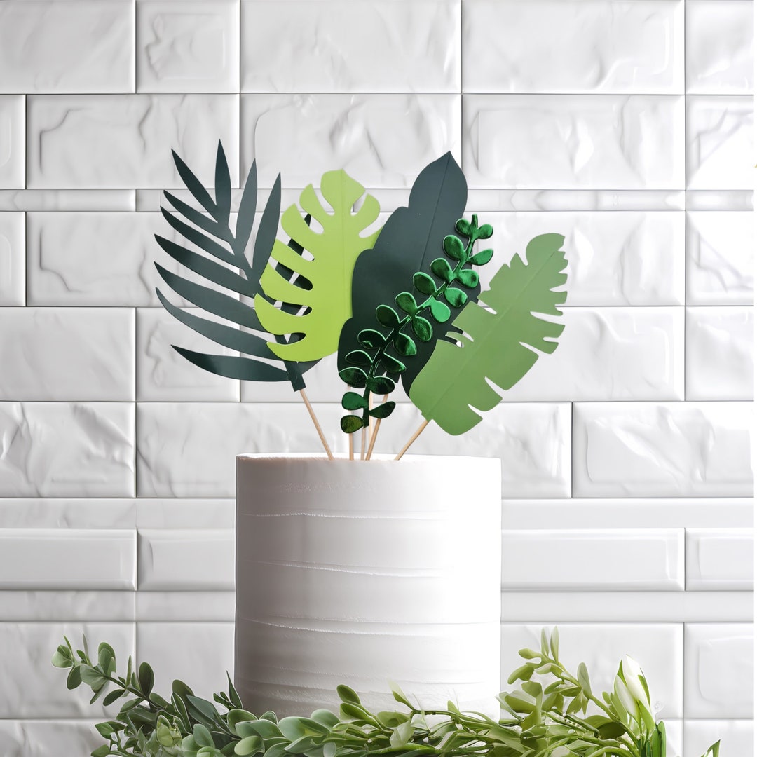 Palm Leaves Cake Topper, Jungle Animal Party Cake Topper, Green Leaves ...