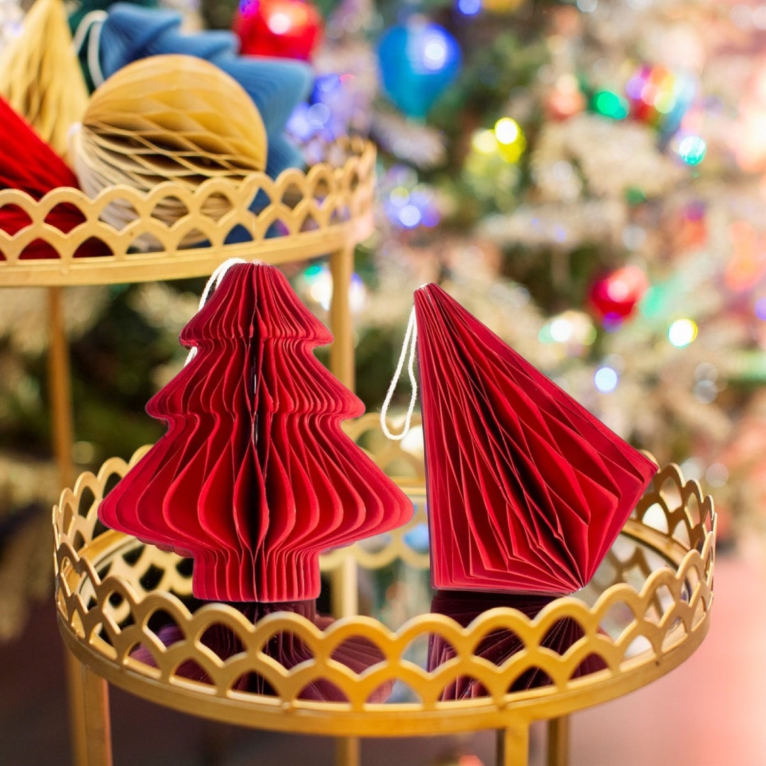 Red Paper Honeycomb Christmas Ornaments, Tree and Diamond Decor - Etsy