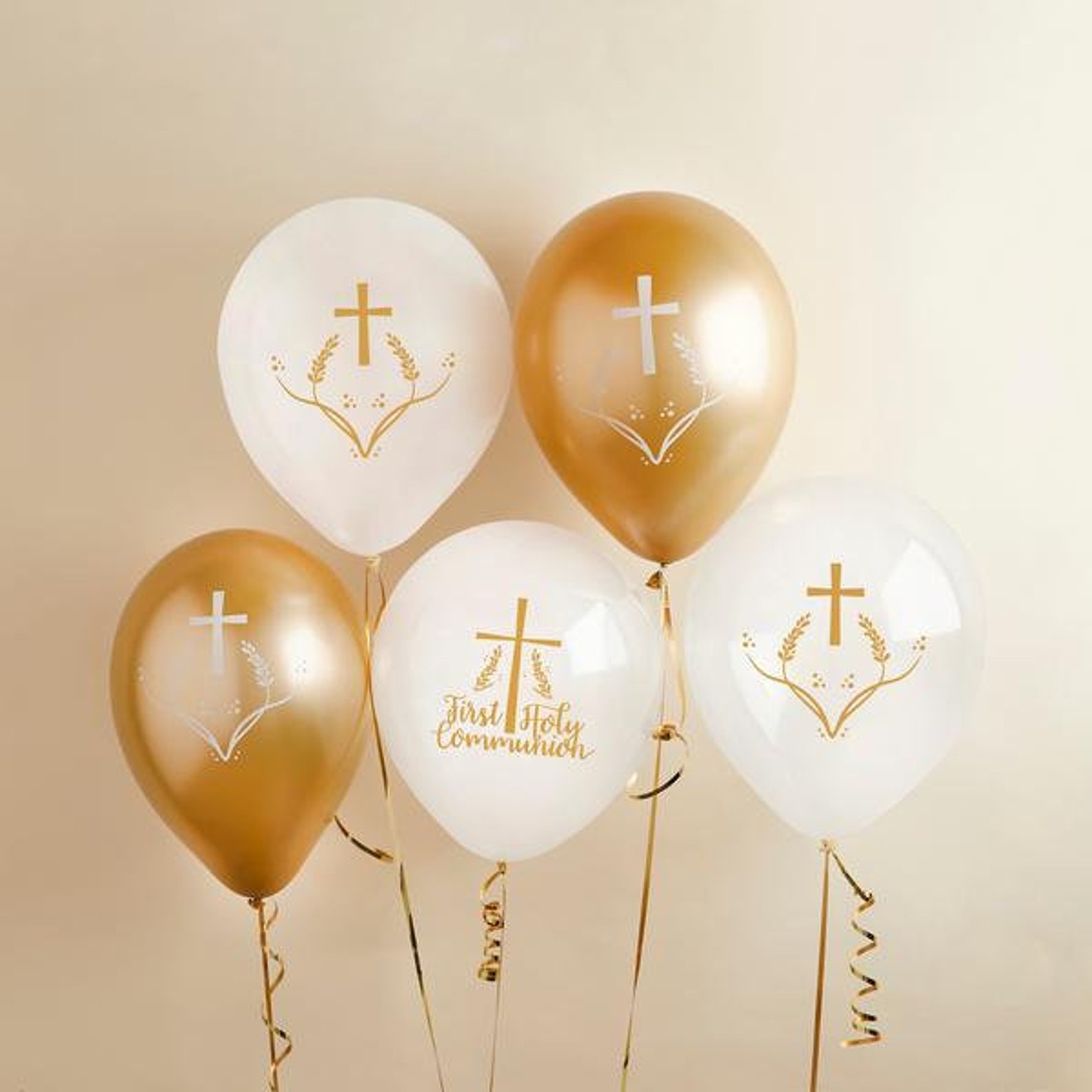 5 First Holy Communion Balloons, Gold and White First Holy Communion ...
