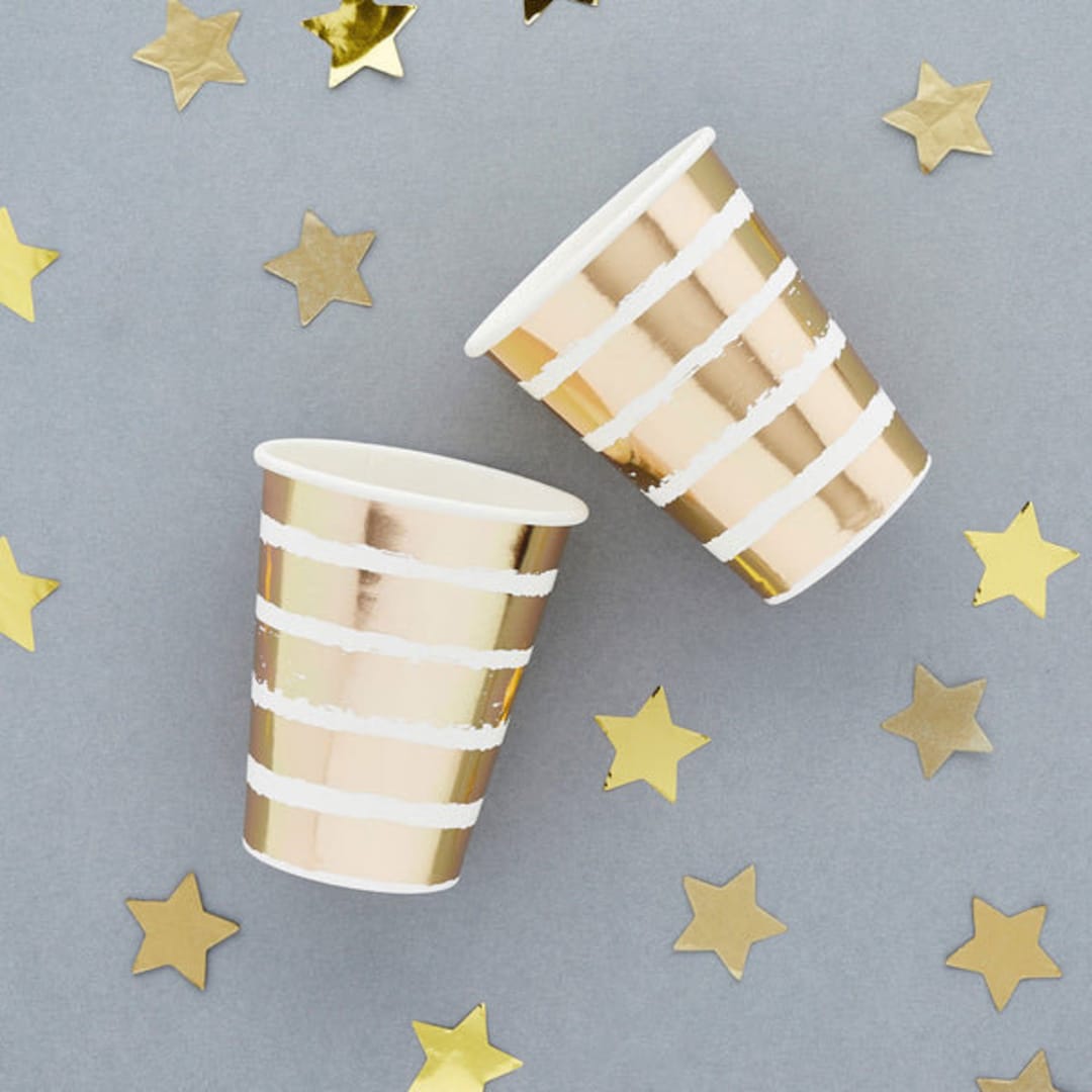 10 Gold Striped Paper Cups, Gold Party Paper Cups, Gold Wedding Cups ...
