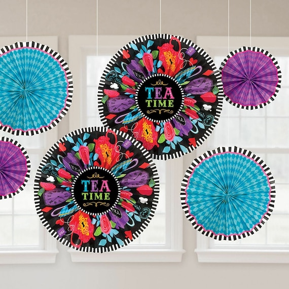 6 Mad Hatters Tea Party Hanging Paper Fans Alice in | Etsy