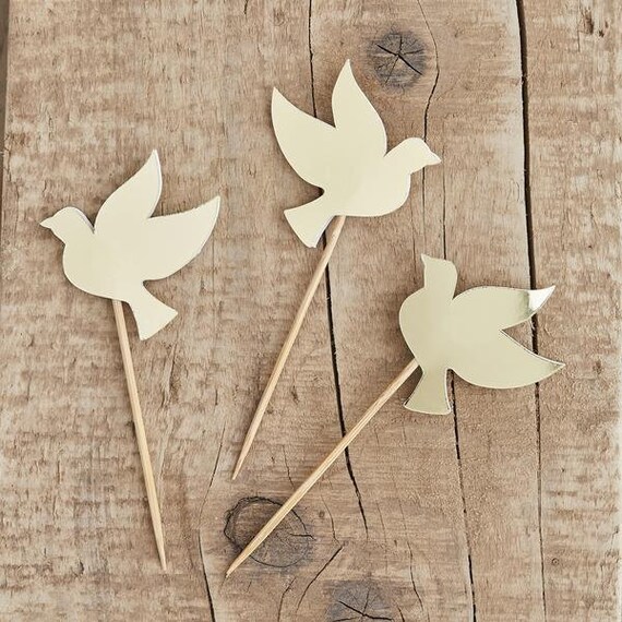 6 Gold Card Dove Food Picks Baptism Decoration Wedding Doves | Etsy