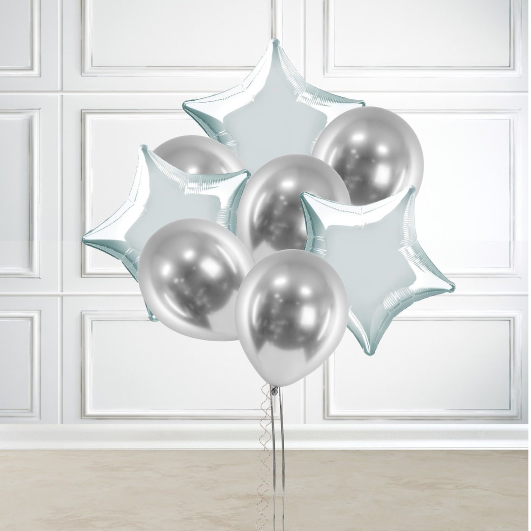 Silver Glossy Party Balloon Set, Silver Reflex Latex and Star Foil ...