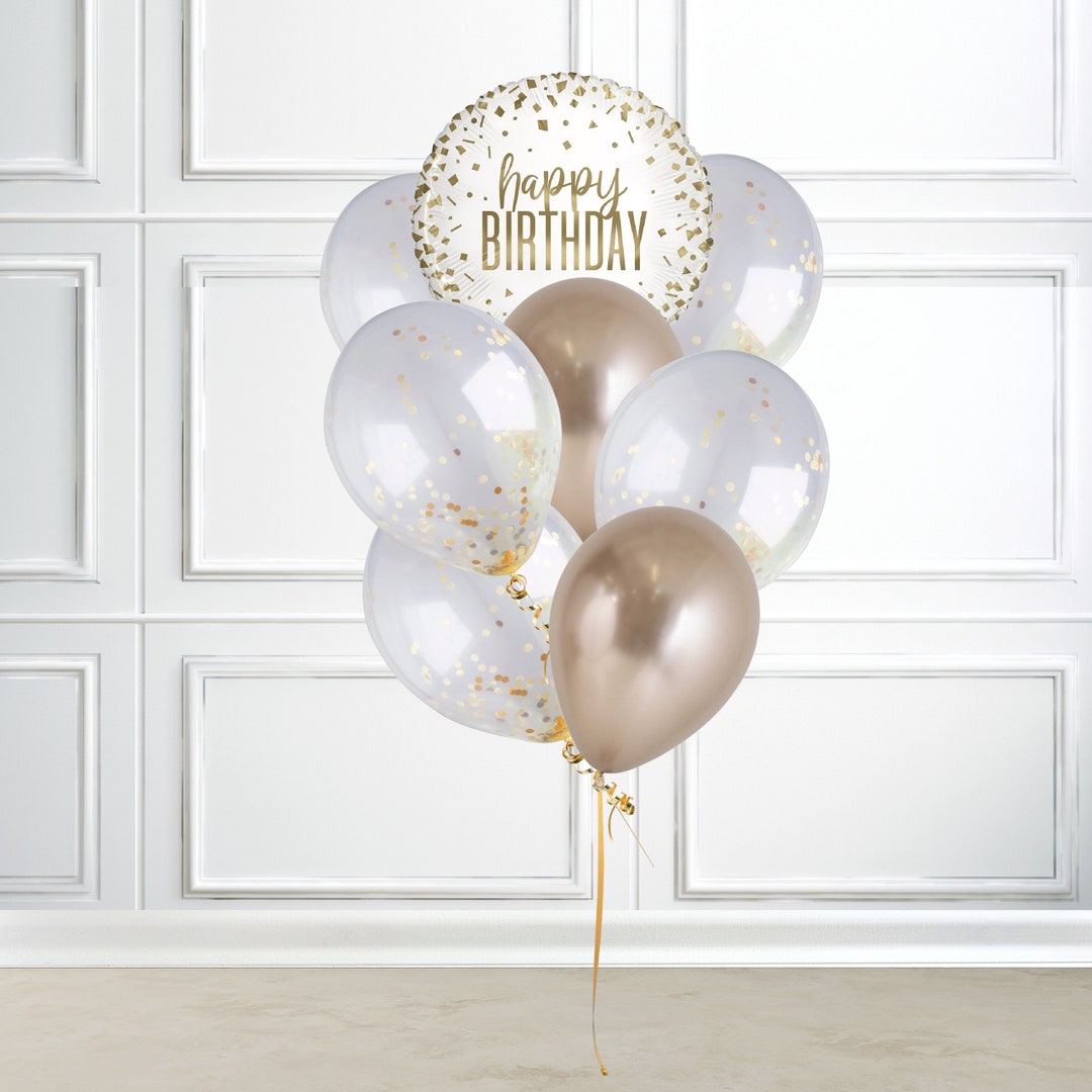 Gold Happy Birthday Foil Balloon With Chrome Gold and Gold Confetti ...