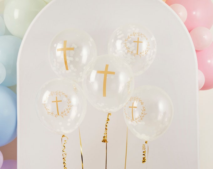 5 Christening, Baptism Cross Confetti Filled Latex Balloons ...