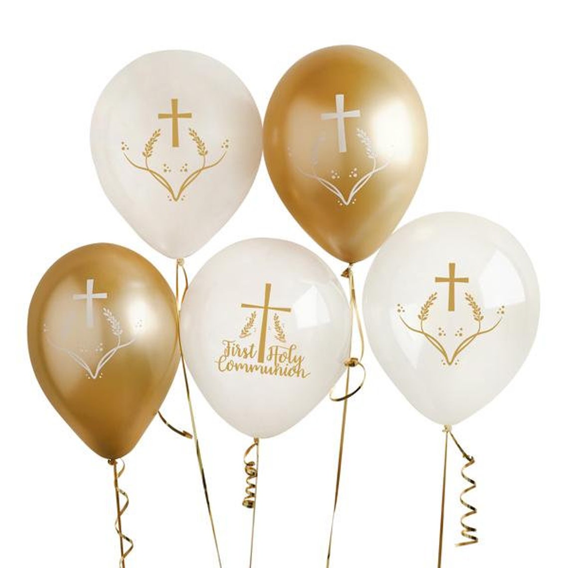 5 First Holy Communion Balloons, Gold and White First Holy Communion ...