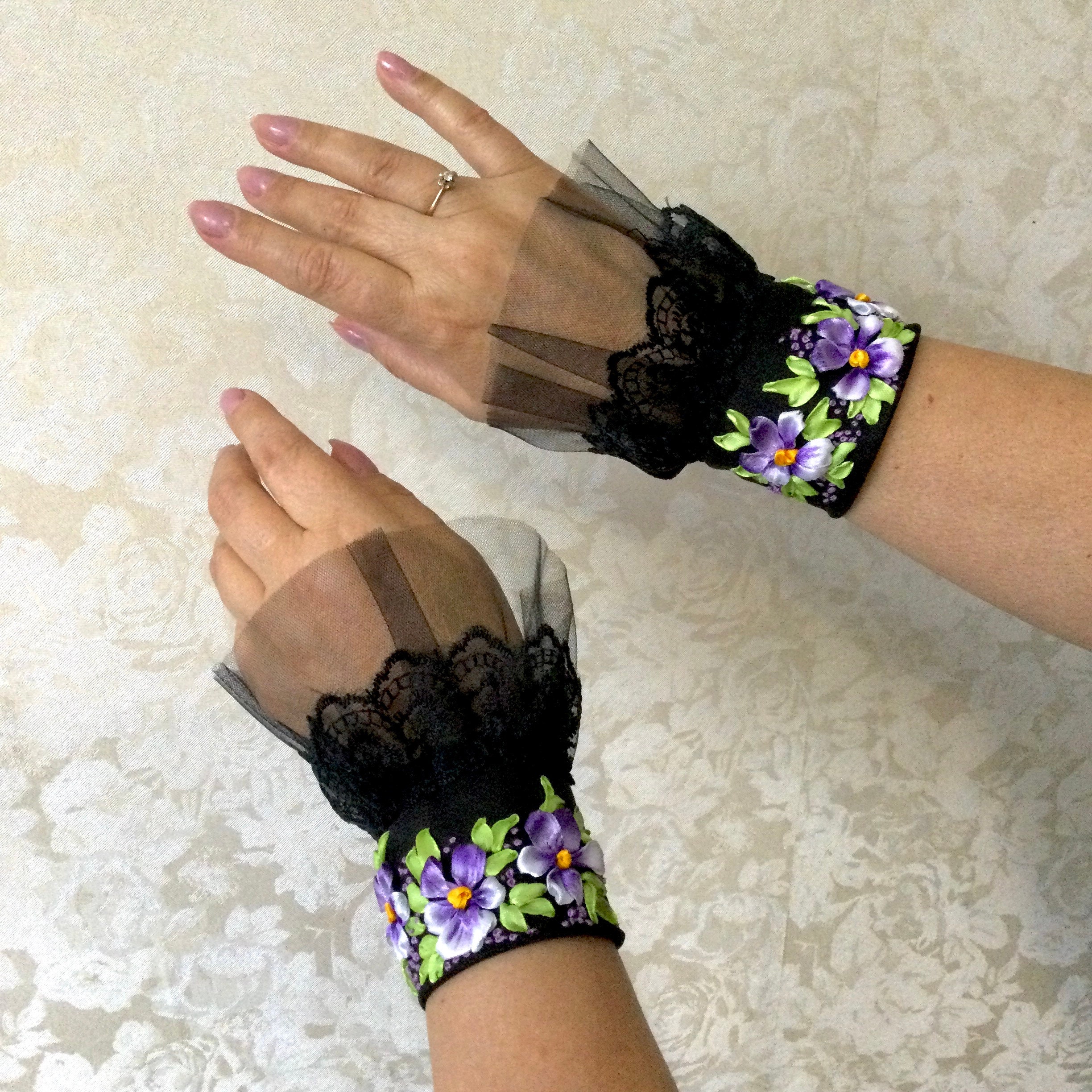 Black Detachable Embroidered Ribbon Cuffs. One Pair Cuffs Bracelet of ...