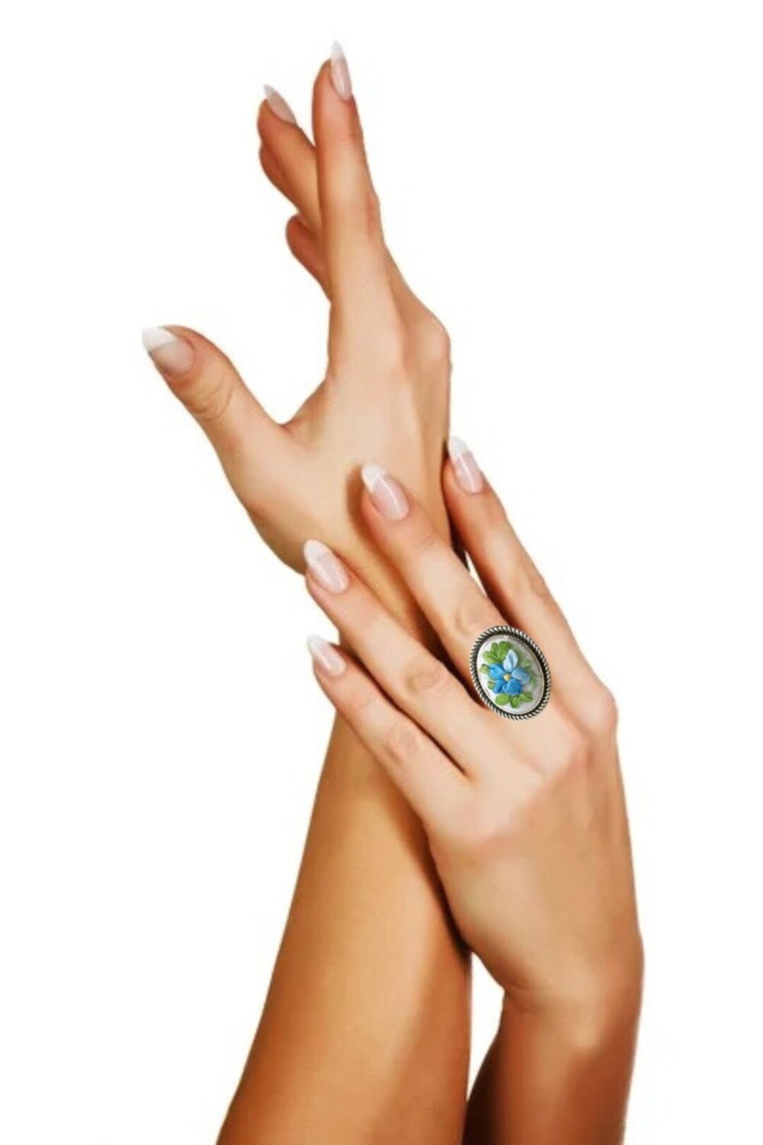 Flower Embroidered Ring. Large Oval Adjustable Silver Ring Handmade for ...