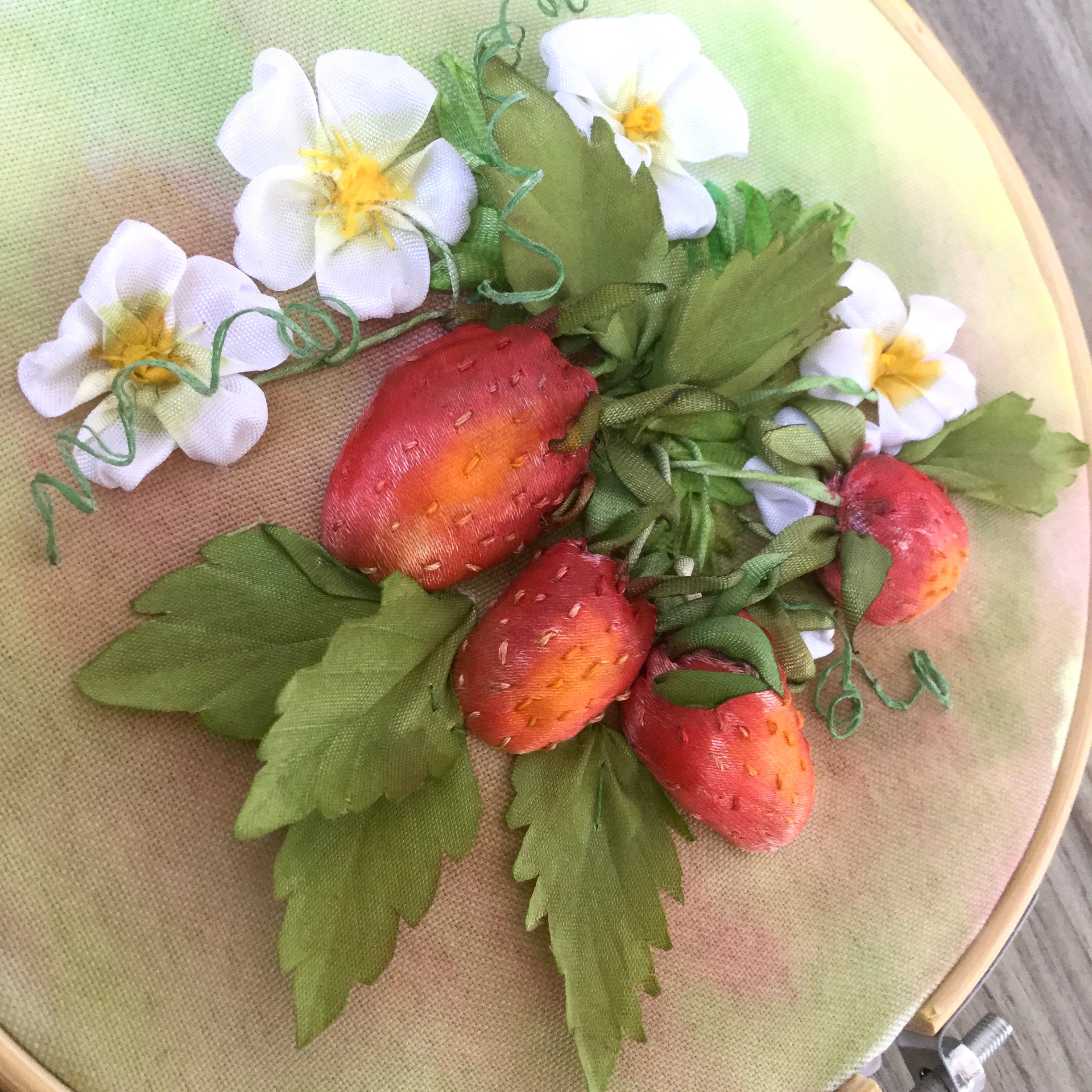 3D Flower Painting Framed Ribbon Embroidered Strawberries With Flowers ...